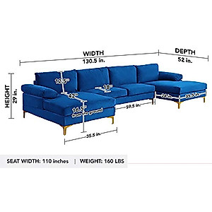 Casa Andrea Modern Modern Large Velvet Fabric U-Shape Sectional Sofa, Double Extra Wide Chaise Lounge Couch with Gold Legs