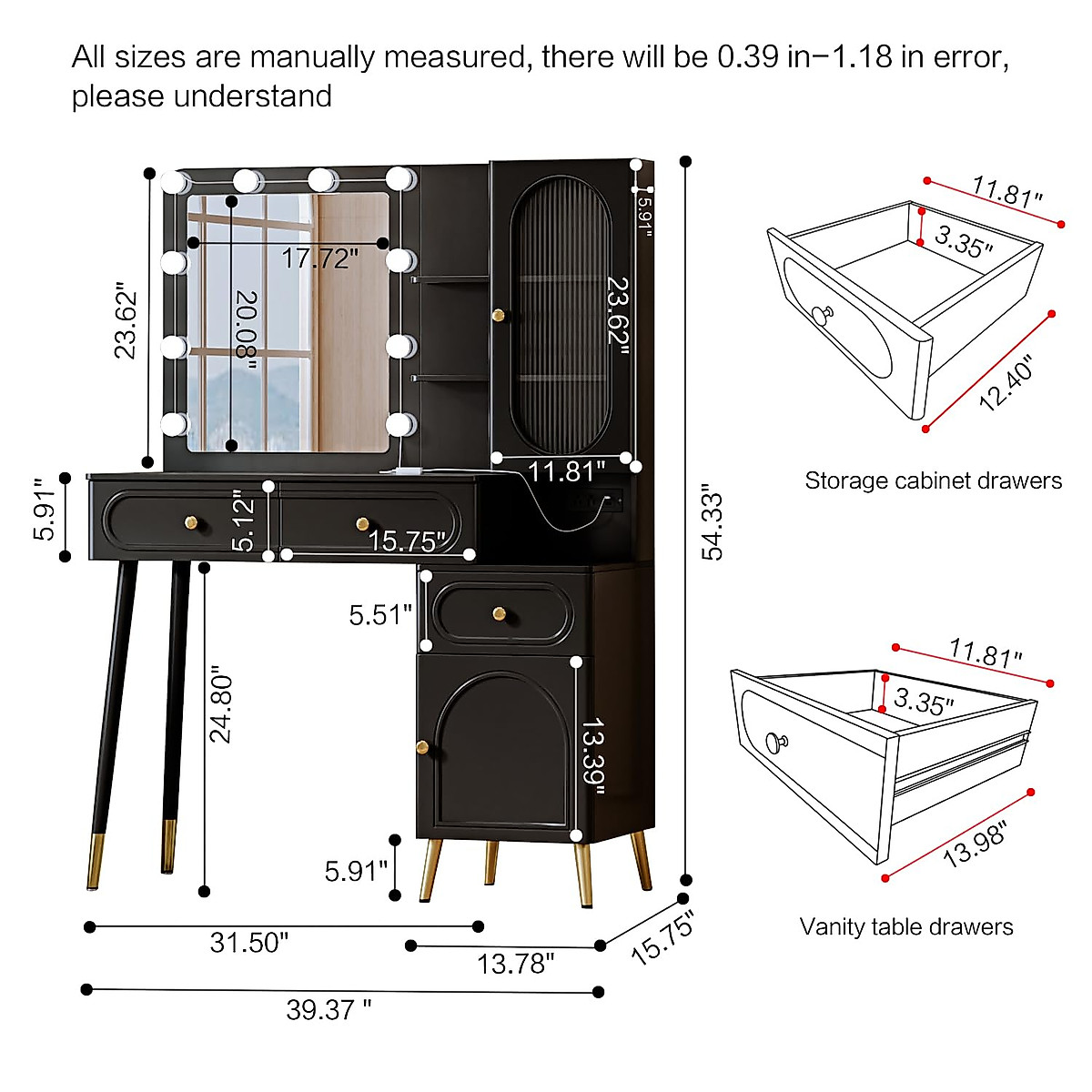 YYJ Vanity Desk with Mirror and Lights,Modern High Capacity Makeup Vanity with 3 Drawers,Makeup Table with Power Outlet and 10 Lights,Writing Desk for Bedroom,Makeup Room, Black