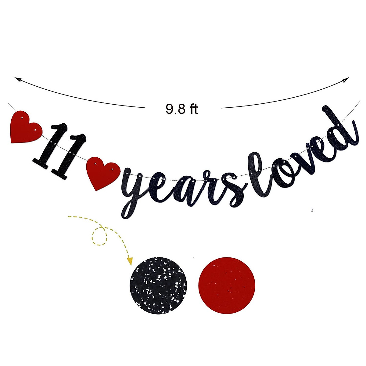 11 Year Loved Banner,Celebrating 11 Wedding Anniversary Black Party Decoration.11th Birthday Party Black Glitter Decorations Anniversary Decor Pre-Assembled Bunting Photo Booth Props