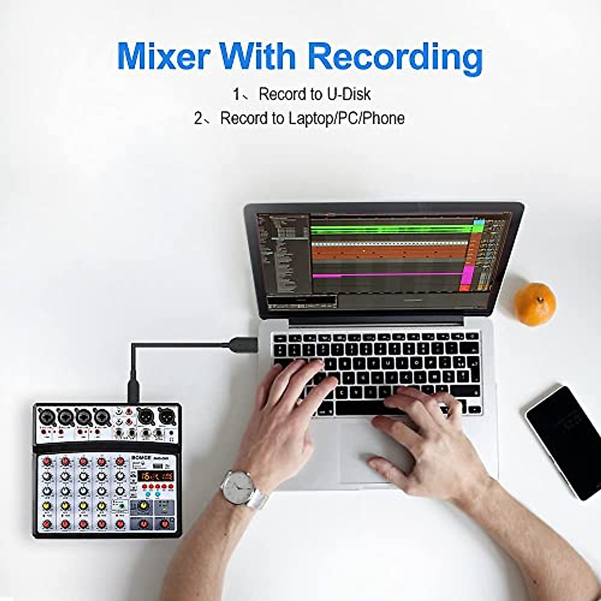 BOMGE 6 Channel Audio Sound Mixer - Professional Digital DJ Mixing Console for Live Streaming, Karaoke and Stereo Recording - With PC Computer Record Playback/Bluetooth/MP3/USB/48V /16 DSP Echo