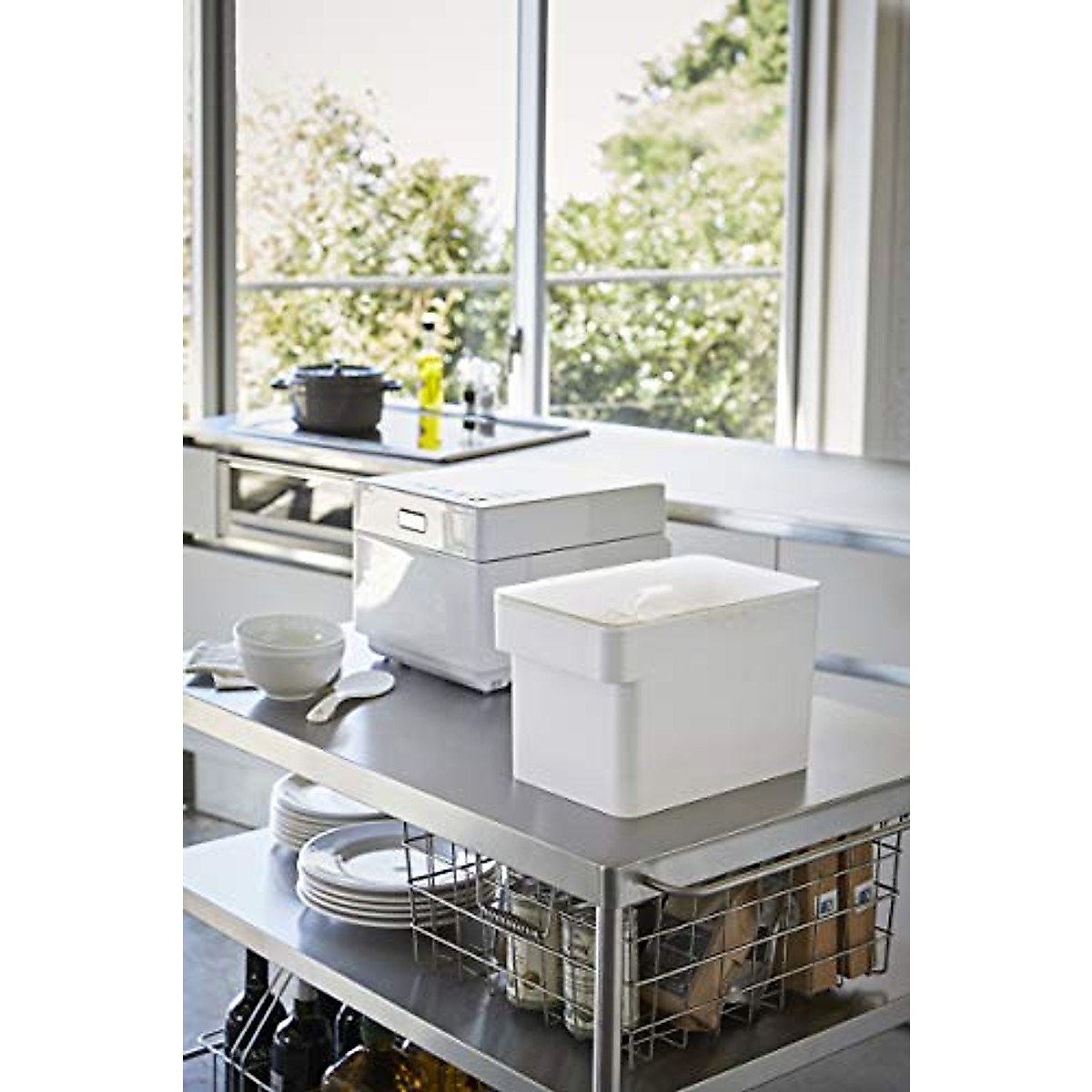 YAMAZAKI home Tower Rice Storage with Scoop Cut-Out(Includes Measuring Cup) WH Space saving, One Size, White