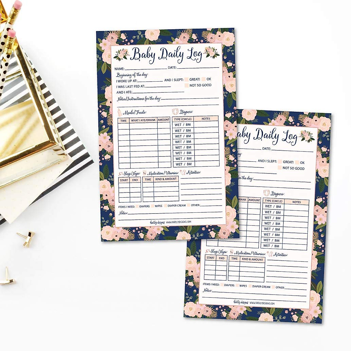 Hadley Designs - Nanny Newborn Baby or Toddler Log Tracker Journal Book, Daily Schedule Feeding Food Sleep Naps Activity Diaper Change Monitor Notes For Babies - 50 Sheet Pad