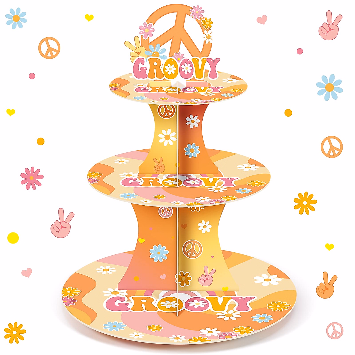 Nuenen 3 Tier Groovy Hippie Cupcake Stand Party Decorations Retro Hippie Boho Cupcake Holder Daisy Flower Groovy Rainbow Dessert Tower for Teens Adults Groovy Hippie Theme Birthday Party (Groovy)