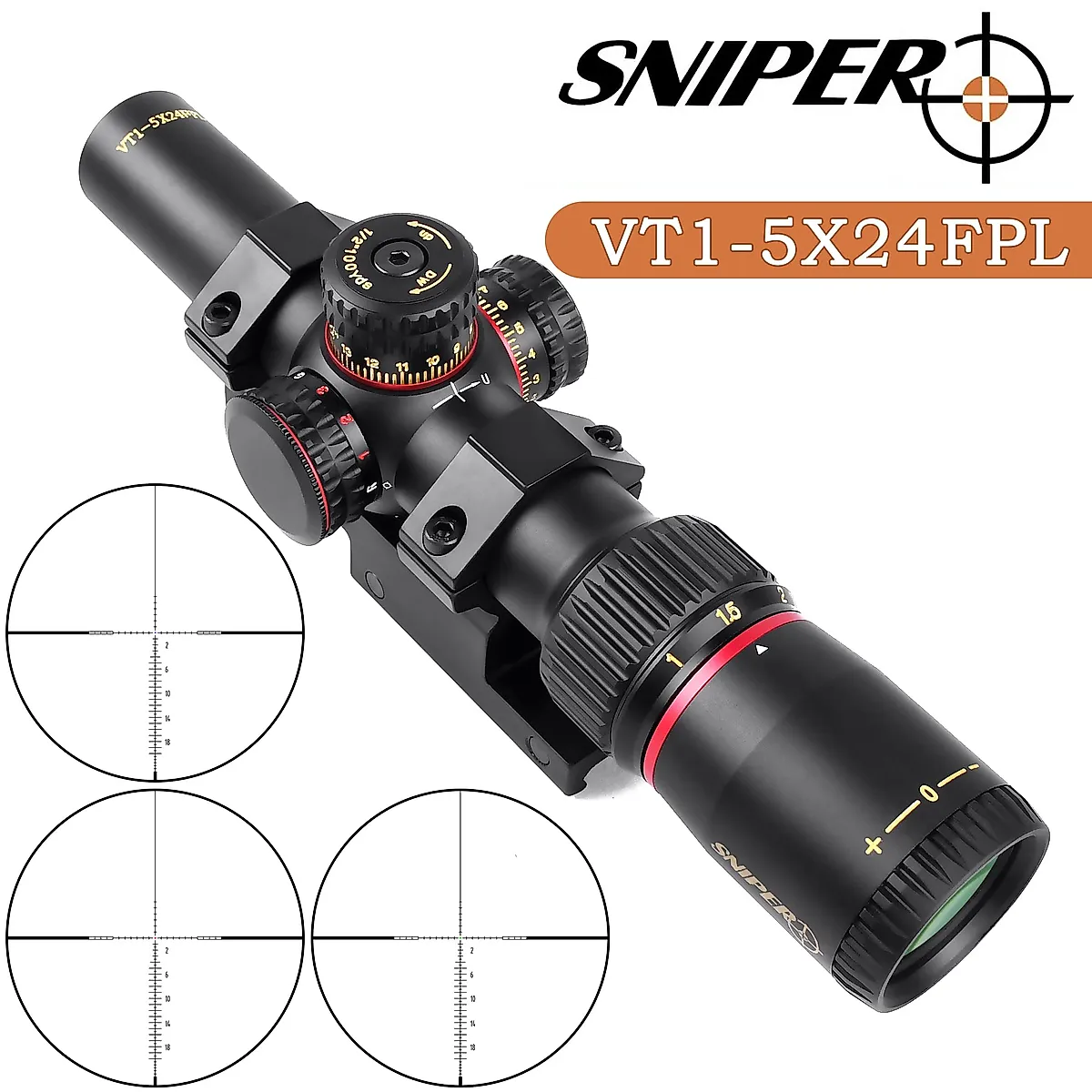 Sniper VT 1-5X24 FFP First Focal Plane LPVO Rifle Scope with Red/Green Illuminated Reticle and Scope Mount