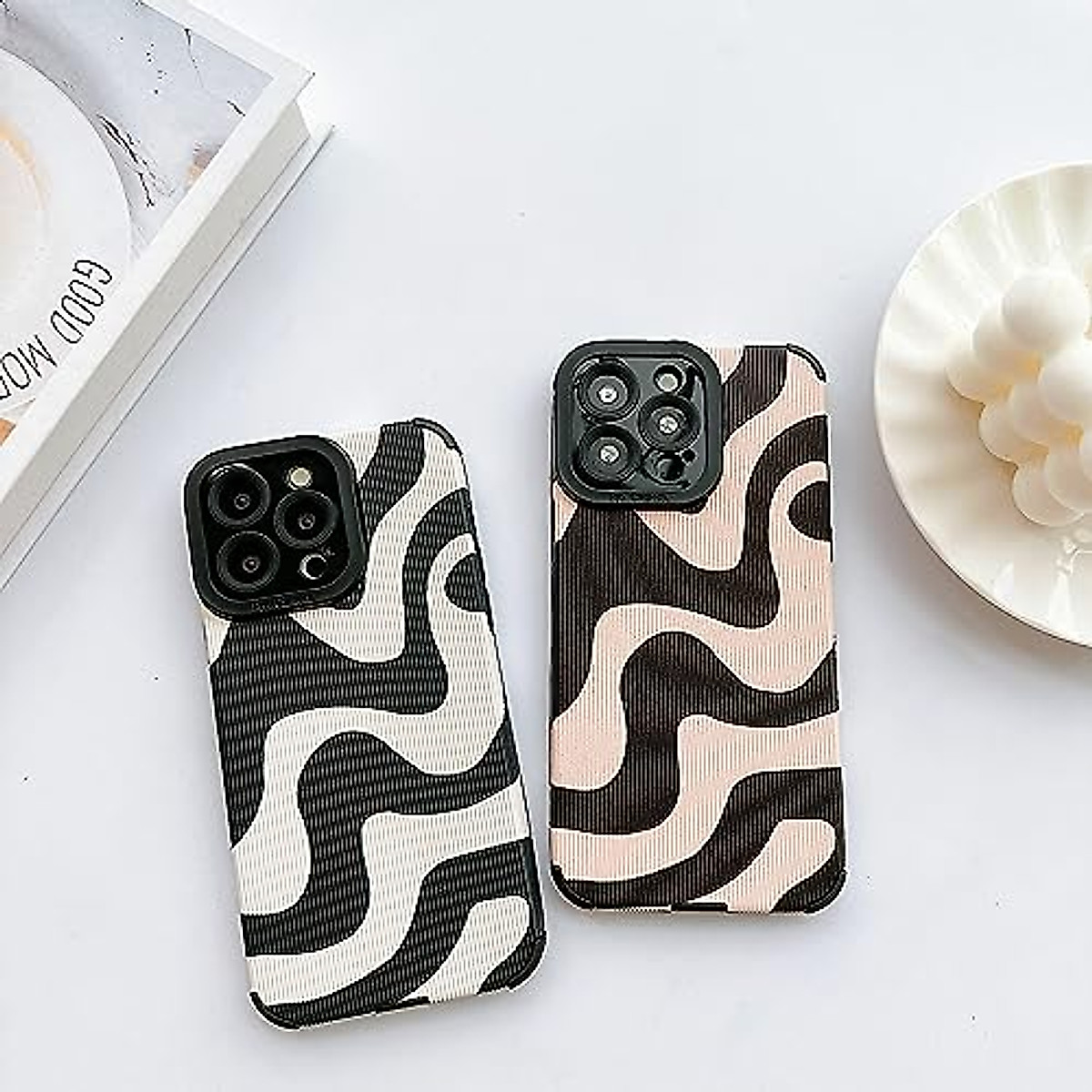INJPCUCA Designed for iPhone 13 Pro Case, Cute Wave Pattern Design Black Protective Case for Women Girls PU Leather Silicone Slim Shockproof Cover for iPhone 13 Pro 6.1", Beige White