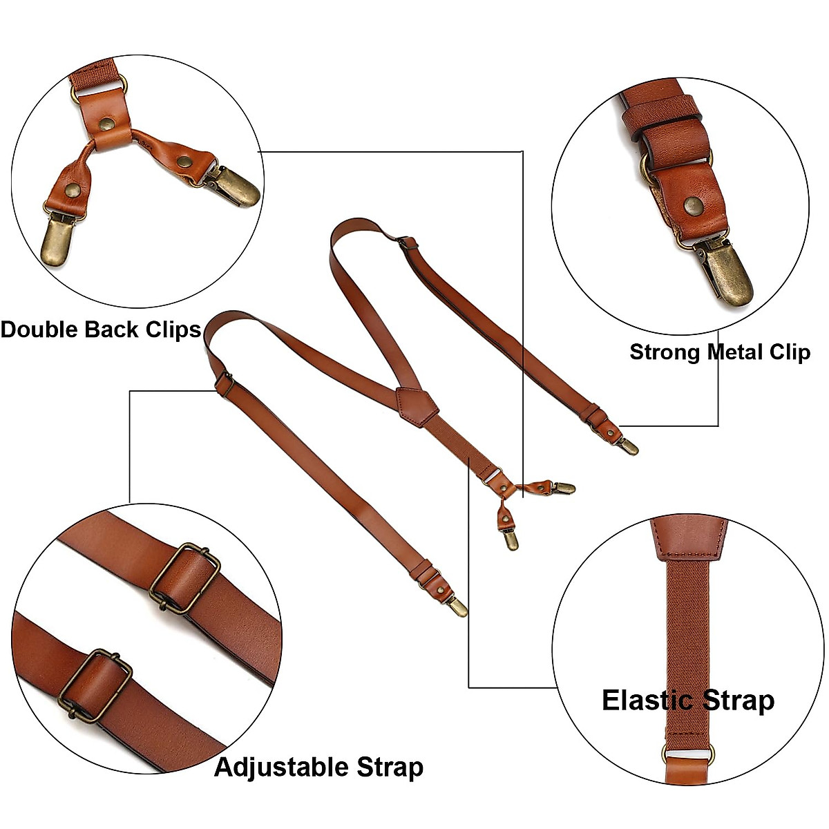 RC ROCKCOW Genuine Leather Suspenders for Men, Y Design Leather Suspenders with 4 Metal Clips, Groomsmen Gift for Wedding