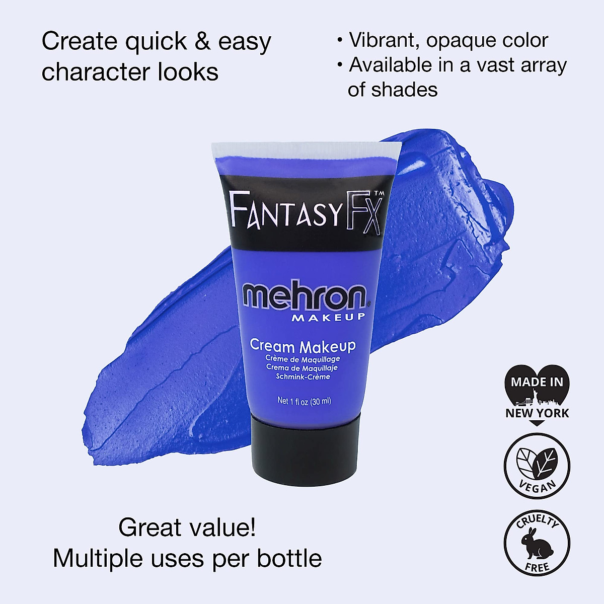 Mehron Makeup Fantasy FX Cream Makeup | Water Based Halloween Makeup | Blue Face Paint & Body Paint For Adults 1 fl oz (30ml) (Blue)