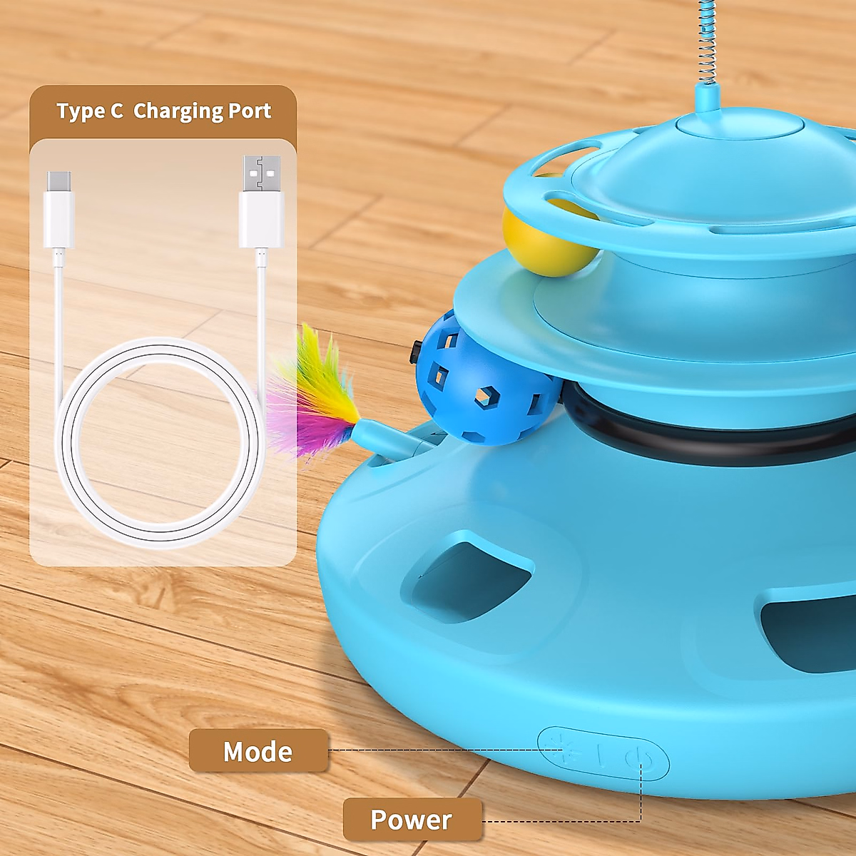 Cat Toys, 4-in-1 cat interactive toy for indoor Rechargeable Automatic with Fluttering Butterfly Random Moving Ambush Feather 2-Tier Track Balls for Bored Indoor Adult Cats Kittens All Breeds