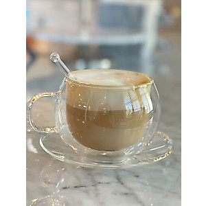 Double Wall Glass Coffee/Tea Mugs with Handle, Saucer and Glass Stirring Spoon- 8.7oz - Set of 2 - The Perfect Coffee/Tea Cups Affogato Cup