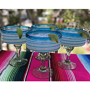 Mexican Hand Blown Glass – Set of 4 Hand Blown Margarita Glasses (16 oz) with Aqua Spiral Design