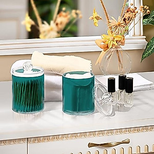 JUMBEAR 4 Pack Teal Green Solid Color Qtip Holder Dispenser with Lid 14 oz Clear Plastic Apothecary Jar Set for Bathroom Vanity Organizers Storage Containers