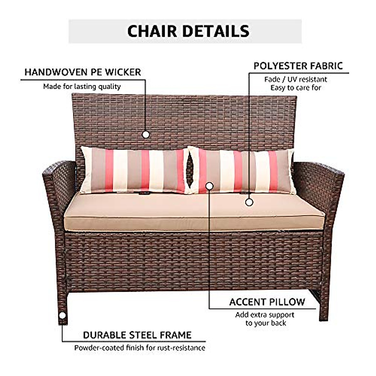 SUNSITT Outdoor Wicker Loveseat with Cushions, 2 Seats Patio PE Rattan Sofa with Lumbar Pillows, Porch, Backyard, Garden, Pool, Steel Frame