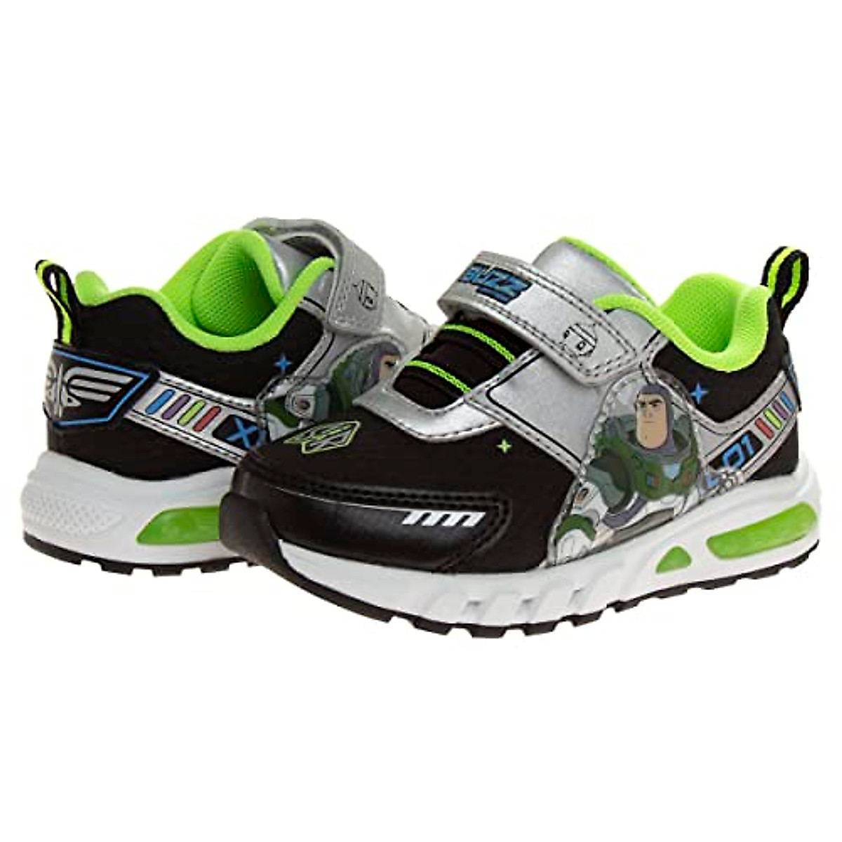 Disney Pixar Toy Story Shoes Laceless LED Lightup - Boys Kids Buzz Lightyear and Woody Character Tennis Sport Athletic Sneakers - Black/Green (Size 8 Toddler)