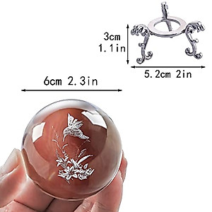 HDCRYSTALGIFTS 3D Hummingbird Crystal Ball Paperweight 60mm(2.3Inch) Laser Engraved Glass Sphere Display Globe Meditation Ball Home Decor with Metal Stand