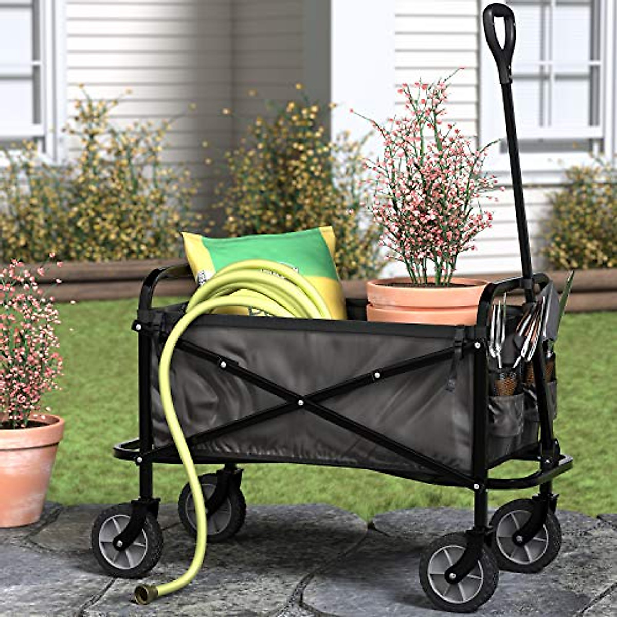 Amazon Basics Collapsible Folding Outdoor Utility Wagon with Cover Bag, Black