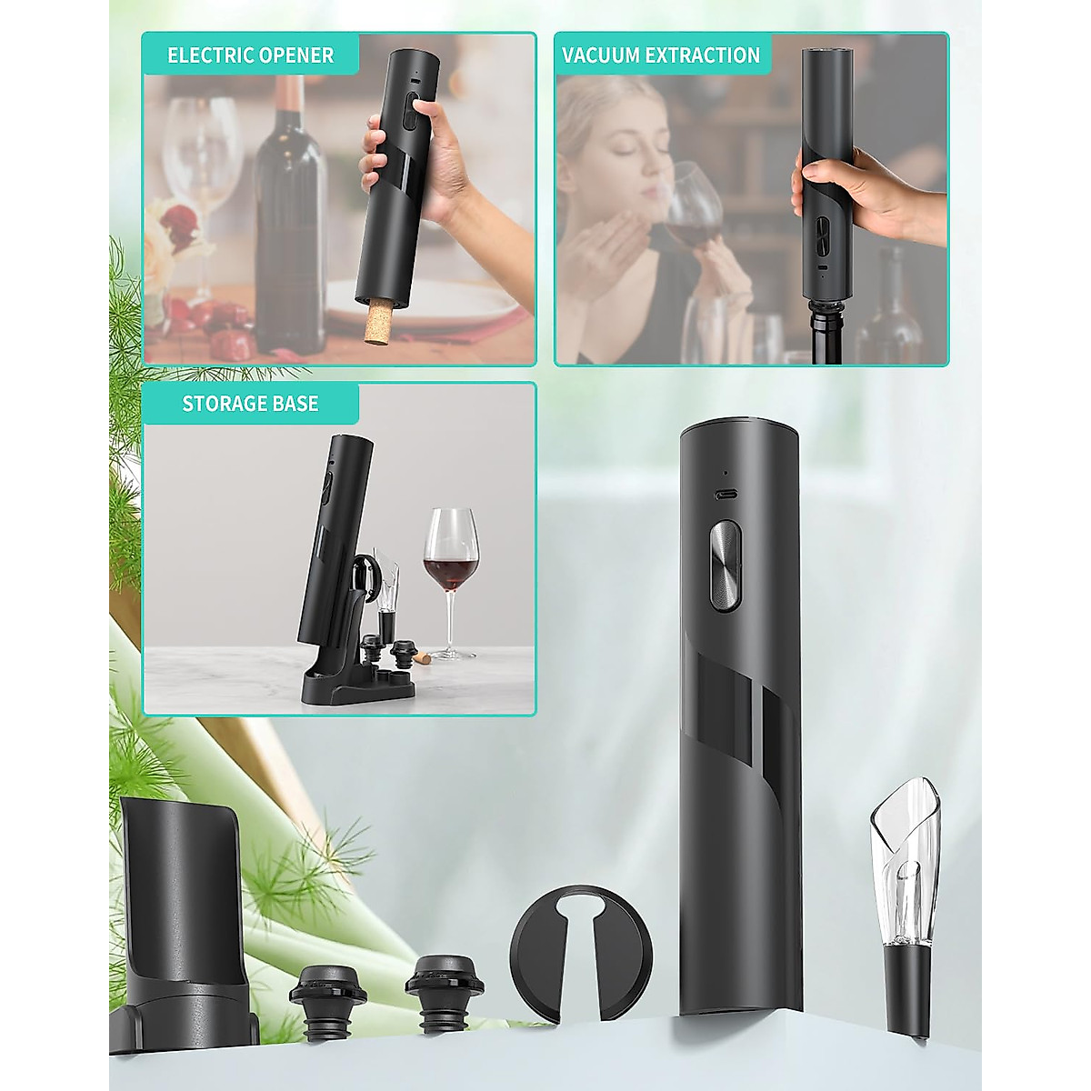 CIRCLE JOY Rechargeable Wine Opener Electric Wine Bottle Opener 7-in-1 Wine Gift Set with Electric Vacuum Pump, Charging Station, Foil Cutter, Wine Aerator Pourer and 2 Wine Stoppers