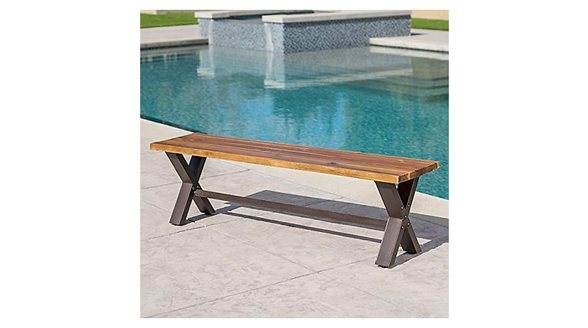Outdoor Acacia Wood Dining Bench - Rustic Teak Finish | Christopher Knight