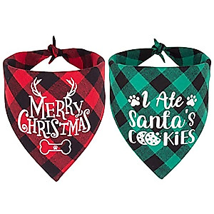 PTDECOR 2 Pack Christmas Dog Bandanas Red Green Plaid Dog Scarf Bibs Kerchief Set Merry Christmas Dog Costume Accessories Bandanas for Small Medium Large Dogs Pets