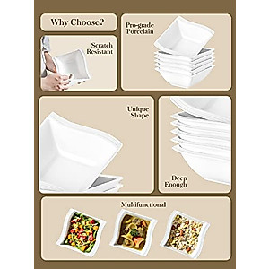 MALACASA Cereal Bowls Set of 6, 15oz Soup Bowls, Porcelain Ice Cream Bowls, White Bowls for Kitchen, Square Serving Bowls for Salads Fruits Pasta Dessert Side Dish, 5.3", Microwave Safe, Series Flora