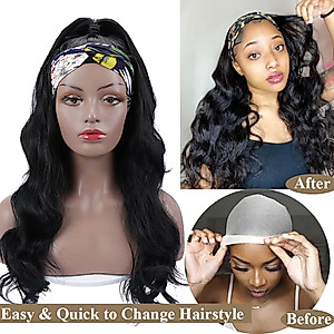 Colorful Queen Glueless Headband Wig Long Black Body Wave Headband Wigs for Black Women Synthetic Natural Looking Wavy Wig Heat Resistant 180% Density (26inch, 1B#)