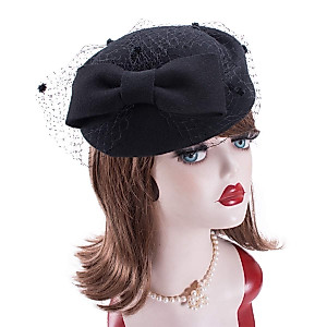 Lawliet Womens Dress Fascinator Wool Felt Pillbox Hat Party Wedding Bow Veil A080 (Black)