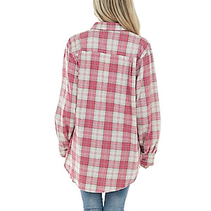 Jug&Po Womens Casual Cuffed 3 4 Long Sleeve Plaid Button Down Shirts Blouse Tops (Small, Bright Pink)