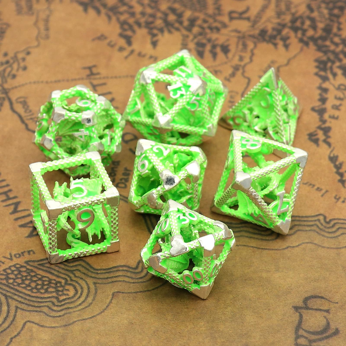 HNCCESG Glow DND Dice Hollow Polyhedral Dragon Metal Dice Set Luminous RPG D&D Dice for Dungeons and Dragons Role Playing MTG Table Games Pathfinder Warhammer Shadowrun (3D Green Light)