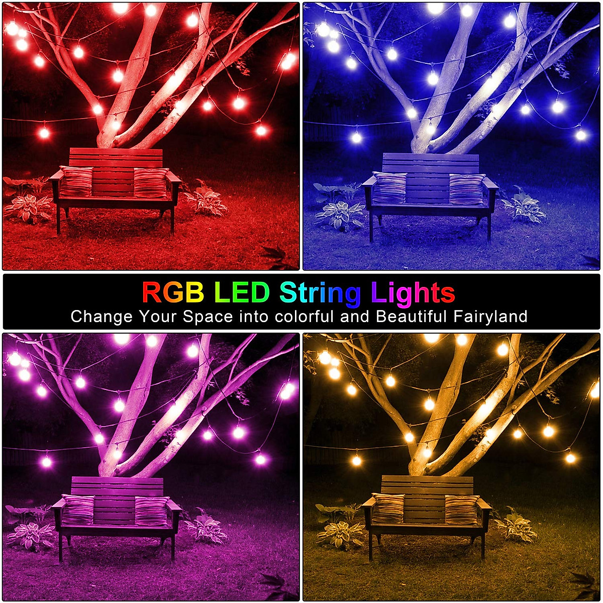 Mlambert 48FT Outdoor Patio Lights, RGB Cafe String Lights with 15 E26 S14 Shatterproof Edison Bulbs, Commercial Grade Dimmable String Lights for Bistro Backyard Garden, 2 Remote Controllers