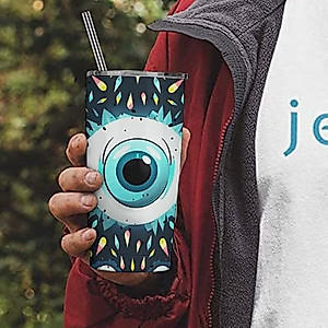 FHENMSA Stainless Steel Insulated Travel Coffee Mug,Evil Eyes Print Reusable Car Cup,Thermal Cup for Outdoor with Straw And Lid
