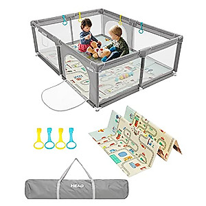 HEAO Baby Playpen | Baby Playard with Mat for Babies and Toddlers, Kids Play Pen with Bag, 71x47" Baby Play Yards, Safety Baby Fence with Breathable Mesh, Light Grey