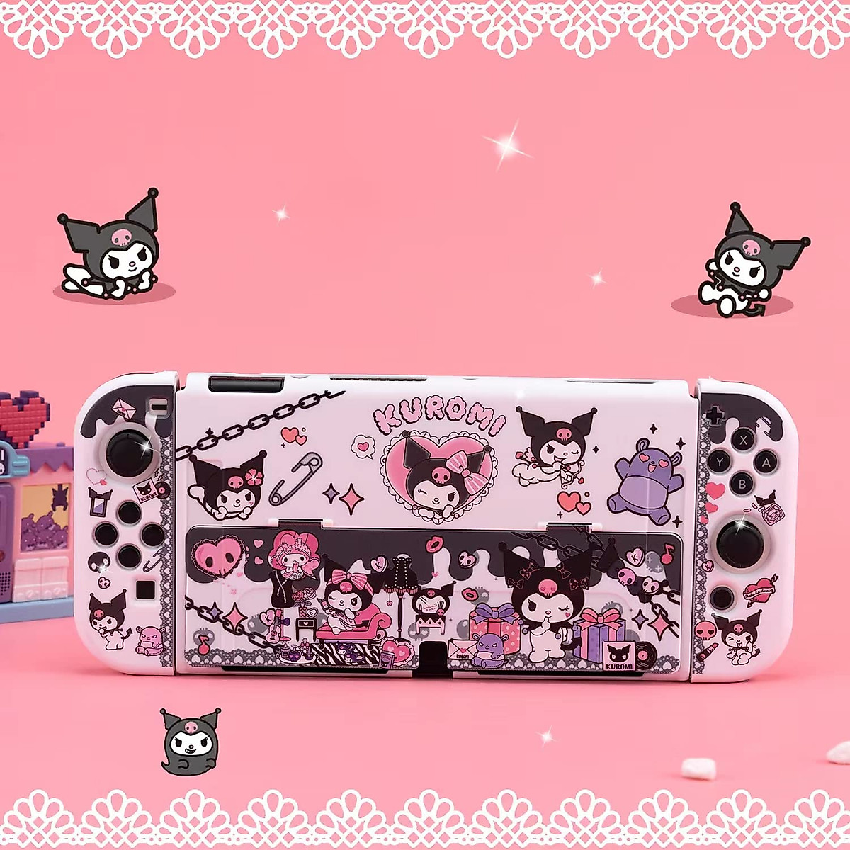 Eamily Cute Kuromi Case Compatible with Nintendo Switch OLED, Dockable Case Cover, Ergonomic Soft TPU Grip Case for Joycon, Sparkle Skin Set