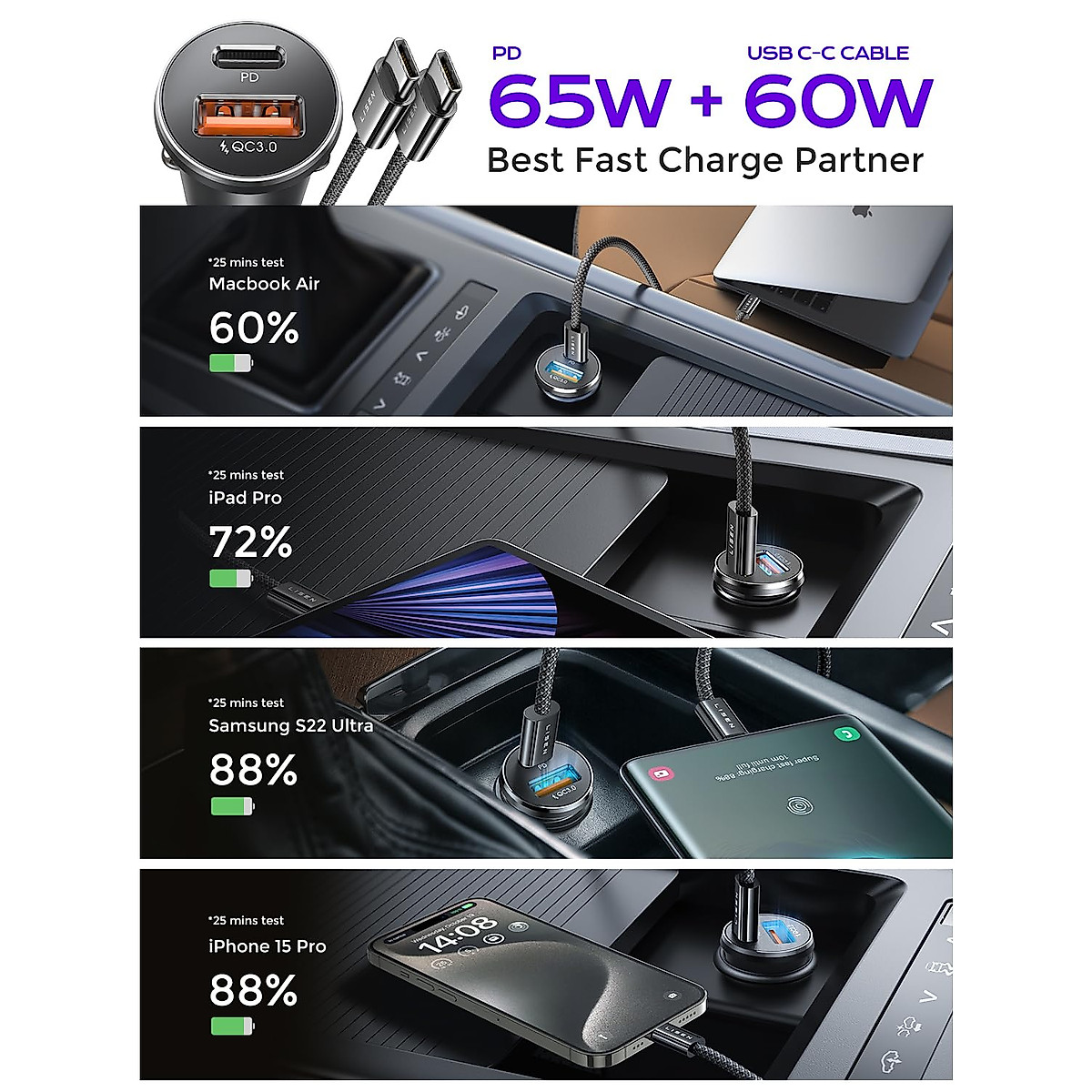 LISEN 95W Car Charger USB C Fast Charge PD65W Super Fast Charging Car Phone Charger Adapter Type C All Metal Cigarette Lighter USB Charger Adapter for iPhone 15 Pro Max iPad Pro Samsung Galaxy