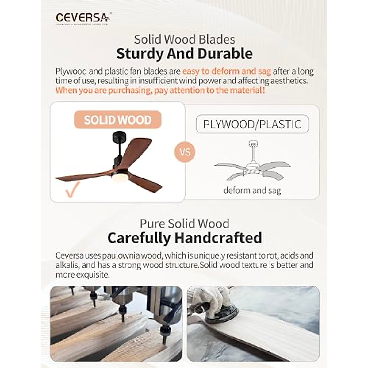 Ceversa 52 Inch Solid Wood Ceiling Fan with Light and Remote Control, 3 Blades Modern Ceiling Fan Walnut Craftmade Quiet for Living Room Bedroom Farmhouse Indoor Outdoor Balcony