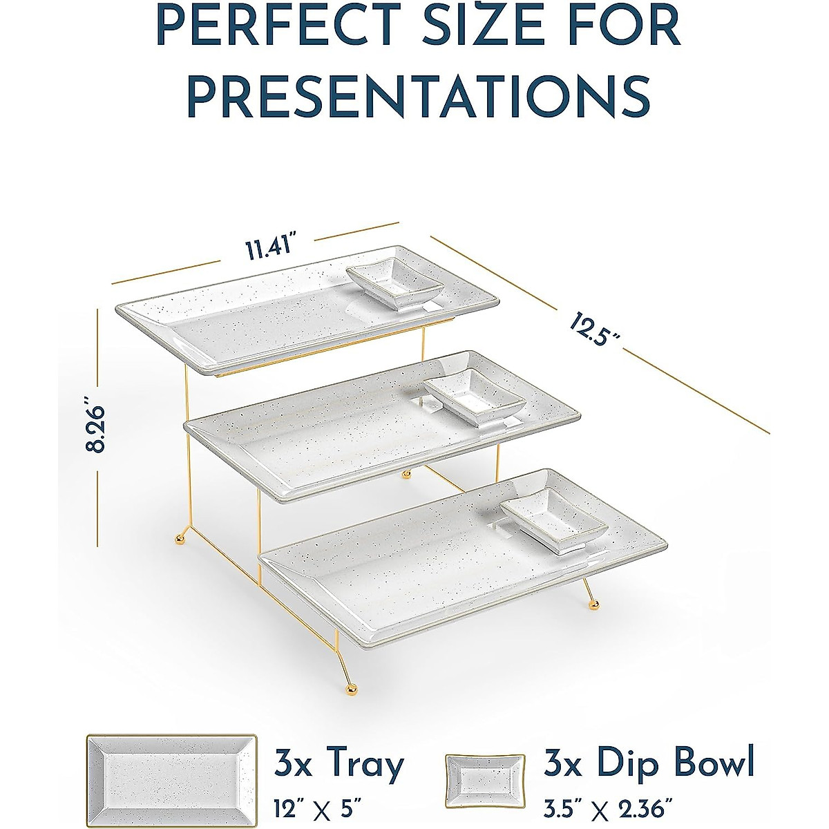 3 Tier Gold Serving Tray Stand with Dipping Bowls - Dessert and Fruit Platter for Hosting, Parties, Celebrations - Swiveling Collapsable Stackable