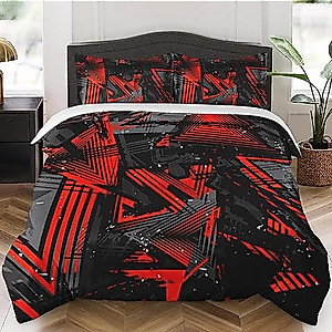 Duvet Cover Twin Size, Neon Colorful Red Gray Bedding Set with Zipper Closure for Kids and Adults, Camouflage Grey Stripe Comforter Cover with Pillow Sham for Bedroom Bed Decor