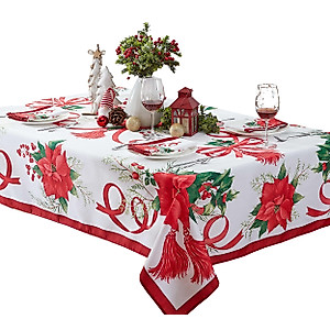 Home Bargains Plus Christmas Holiday Tassels 60 x 144 Inch Rectangle Fabric Tablecloth, Festive Red Poinsettia Garland Stain Resistant Easy Care Table Cover for Dinner Party and Banquet
