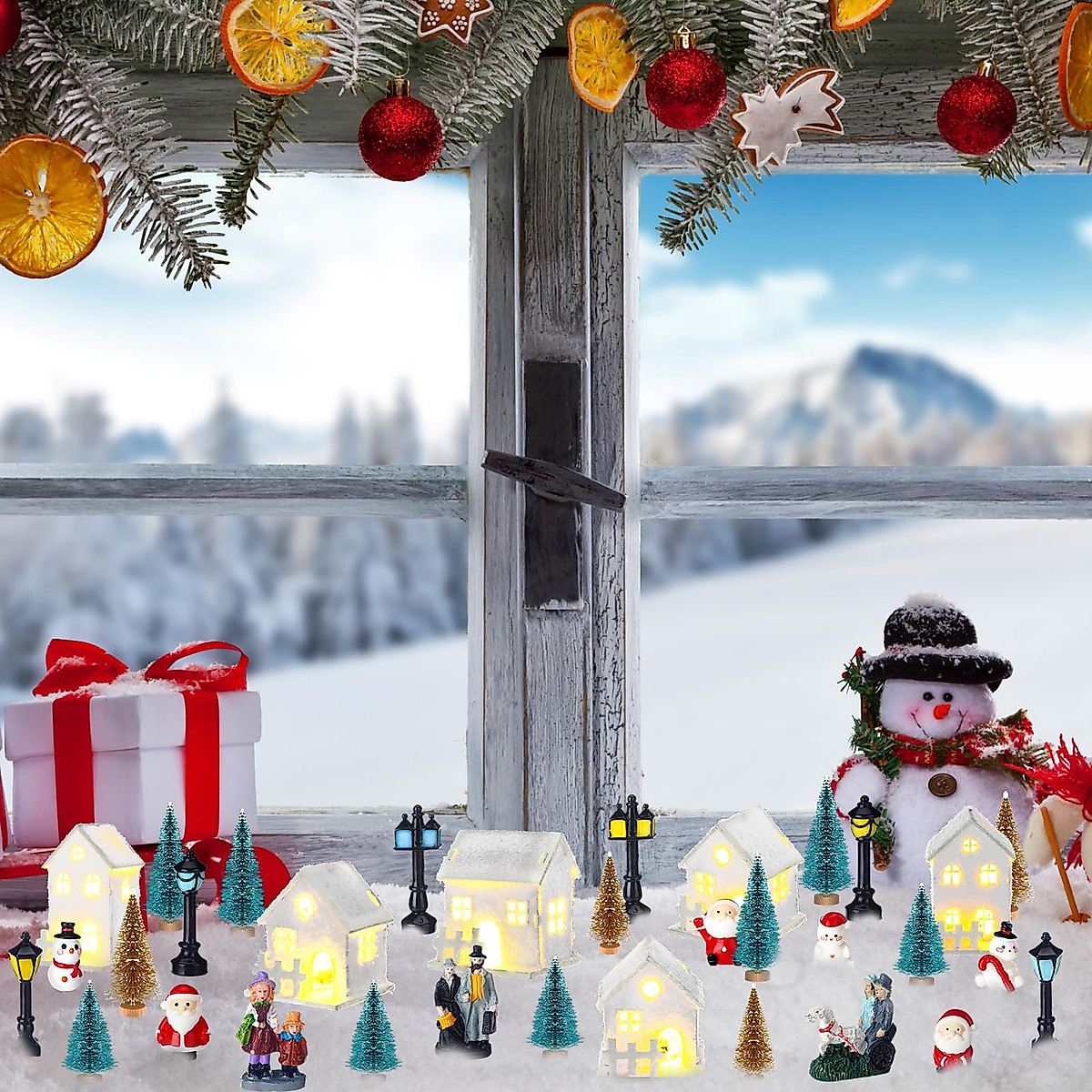 Liliful 36 Pcs Christmas Village Sets White Christmas Village Lighted LED Christmas Village Houses with Figurines Xmas Trees People Villager Snowman Elk Lamp Xmas Scene Figurines Decoration
