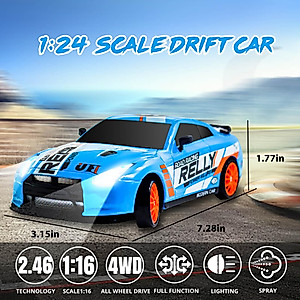 AGNEVE RC Drift Car 1:24 Scale RC Car with LED Lights Glow and Drifting Tires 2.4GHz Remote Control Car 4WD 14KM/h High-Speed RC Cars with 2 Rechargeable Batteries Boys Girls