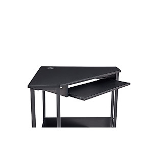 Triangle Computer Desk, Corner Desk with Pull-Out Keyboard Tray & Storage Shelves, Home Office Compact Desk, Gaming Table with Sturdy Steel Frame as Workstation for Small Space (Black)