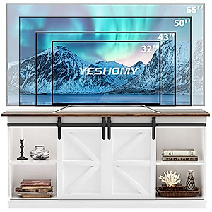 YESHOMY Farmhouse TV Stand for Televisions up to 65+ Inch with Sliding Barn Doors and Storage Cabinets, Entertainment Center Console Table, Media Furniture for Living Room, 58 Inch, White