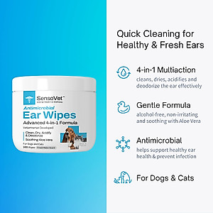 SensoVet 4-in-1 Ear Wipes for Dogs & Cats: Quick-Clean Formula with Aloe Vera – Deodorizes, Acidifies & Dries – Alcohol & Sting-Free – Promotes Healthy Ears
