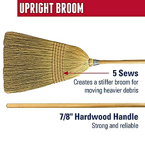 Weiler 95033 Heavy-Duty Corn Broom with Wooden Handle, 5 Sews, 100% Natural Corn Fill for Indoor or Outdoor Sweeping