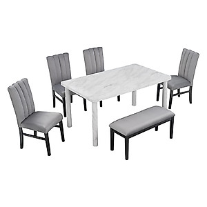 Penifun 6 Pieces Set, Rectangular Marble Veneer Table and 4 Flannelette Upholstered Dining Chairs & Bench, Kitchen Living Room Furniture Elegant Style,White+Gray