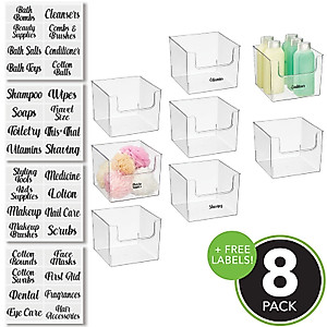 mDesign Deep Plastic Home Storage Organizer Bin - Container for Bathroom - Open Front Design - 8 Bins + 32 Labels - Clear