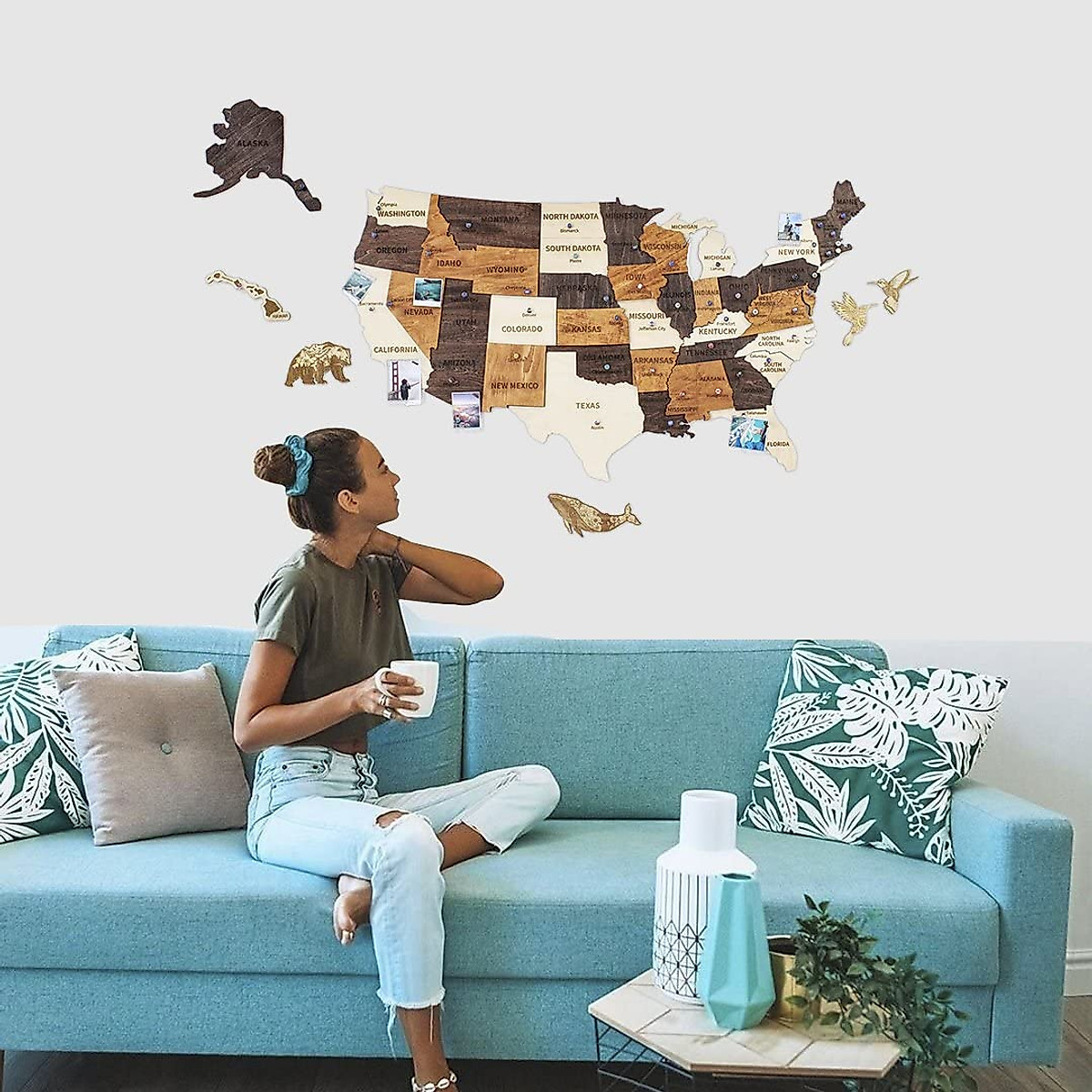 Jabihome 3D Wooden USA Map Wall Art, Wood United States Map with Push Pins, Gift for Him, Office Wall Decor, Gifts for Dad, Home Decor, US Travel Map with Pins, Patriotic Decor, Travel Gifts for Men (Size L: 60"L x 37.5"W)
