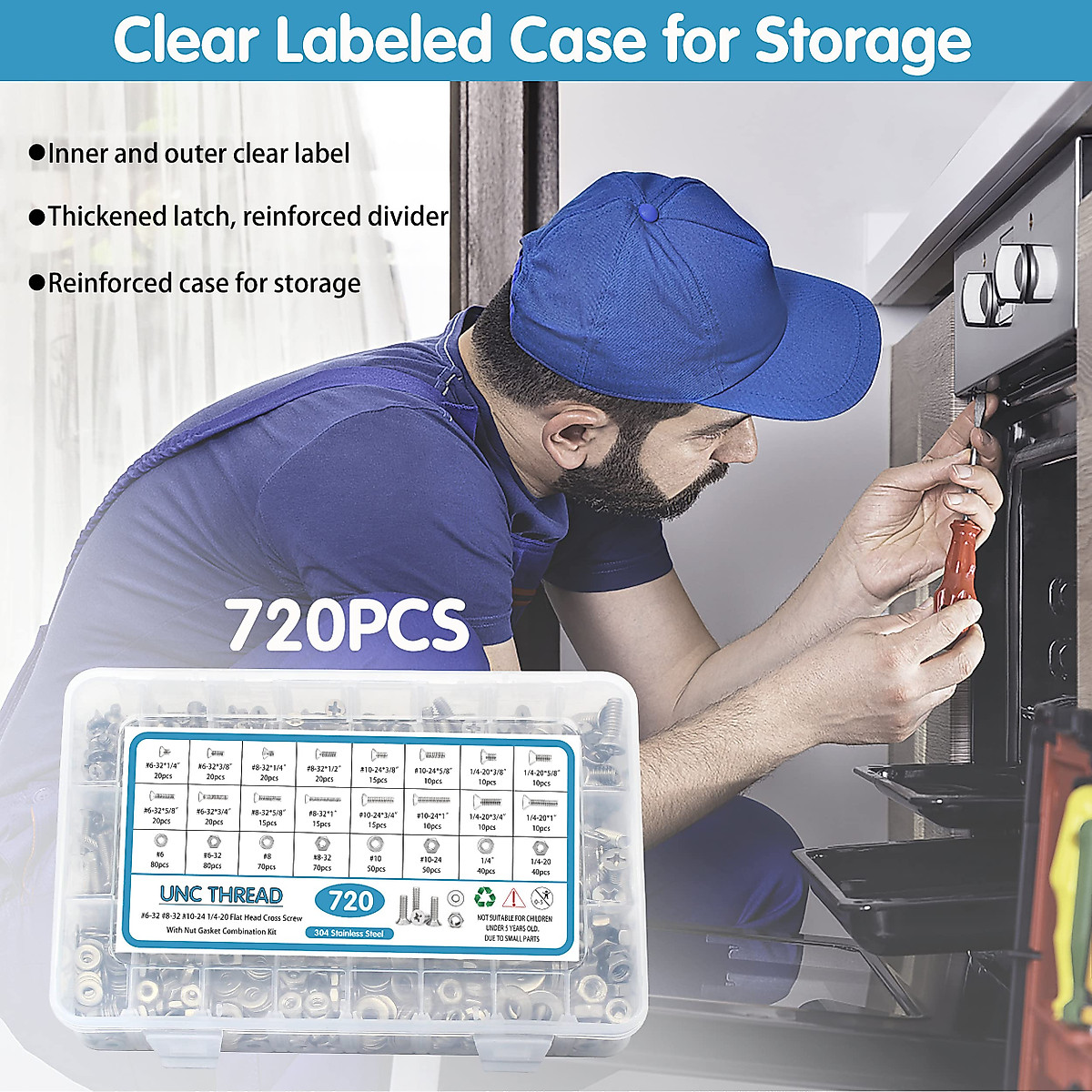 720Pcs Nuts and Bolts Assortment Kit, Machine Screws,SATANTECH #6-32#8-32#10-24#1/4-20 Stainless Steel Screws Set, Phillips Flat Head 16 SAE Sizes Assorted Nuts Bolts Washers with Labeled Case