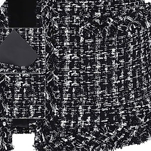 ebossy Women's Elegant Open Front Round Neck Fringed Plaid Tweed Jacket (Large, Black)