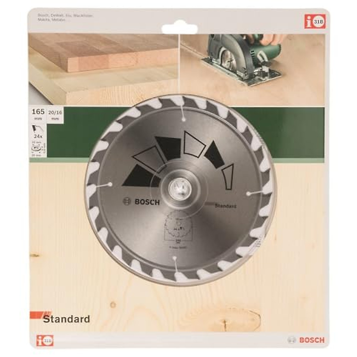 Bosch 2609256 B55 Standard Carbide Circular Saw Blade with 24 Teeth – 165 mm in Diameter – 20 mm Bore (16 mm with Reduction Ring) – 1.6 mm Cutting Width