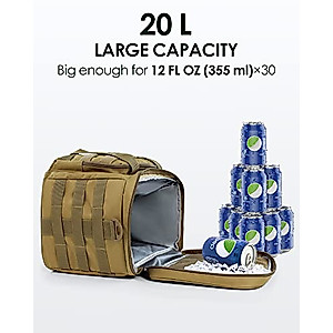 TACTICISM Tactical Lunch Box for Men, 30 Cans Leakproof Lunchbox, Insulated Lunch Bag Adult, Portable Soft Cooler Bag with Detachable MOLLE Pouch for Camping Fishing Beach Picnic Work, Brown