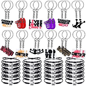 Sureio 48 Pcs Cheerleader Gifts Kit Cheer Stuff Bulk for Team, 24 Pcs Keychain and 24 Pcs Cheer Charms Bracelets Cheerleading Accessories Party Favors for Women Girls Teammates